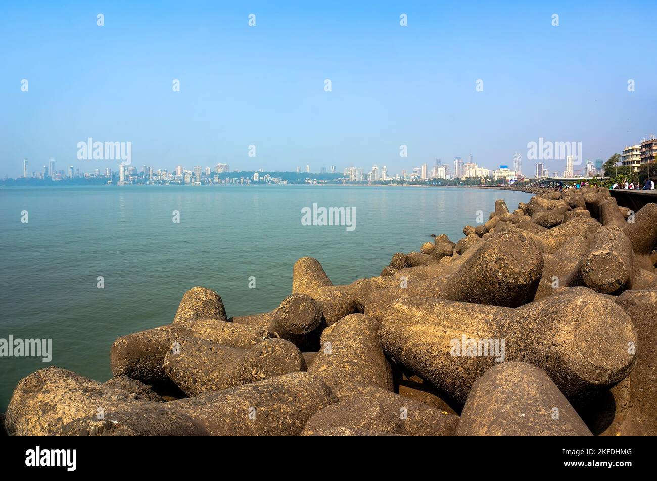 View of the embankment of Mumbai with large stones and sky. Bombay sea ...