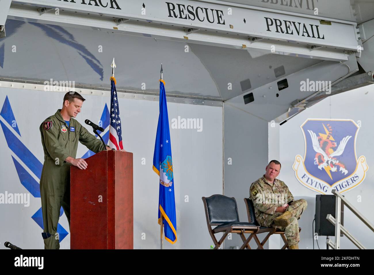 U.S. Air Force Col. Russell Cook, 23rd Wing commander, gives a speech ...