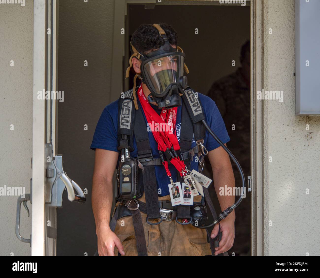 A U.S. Air Force firefighter assigned to the 35th Civil Engineer ...
