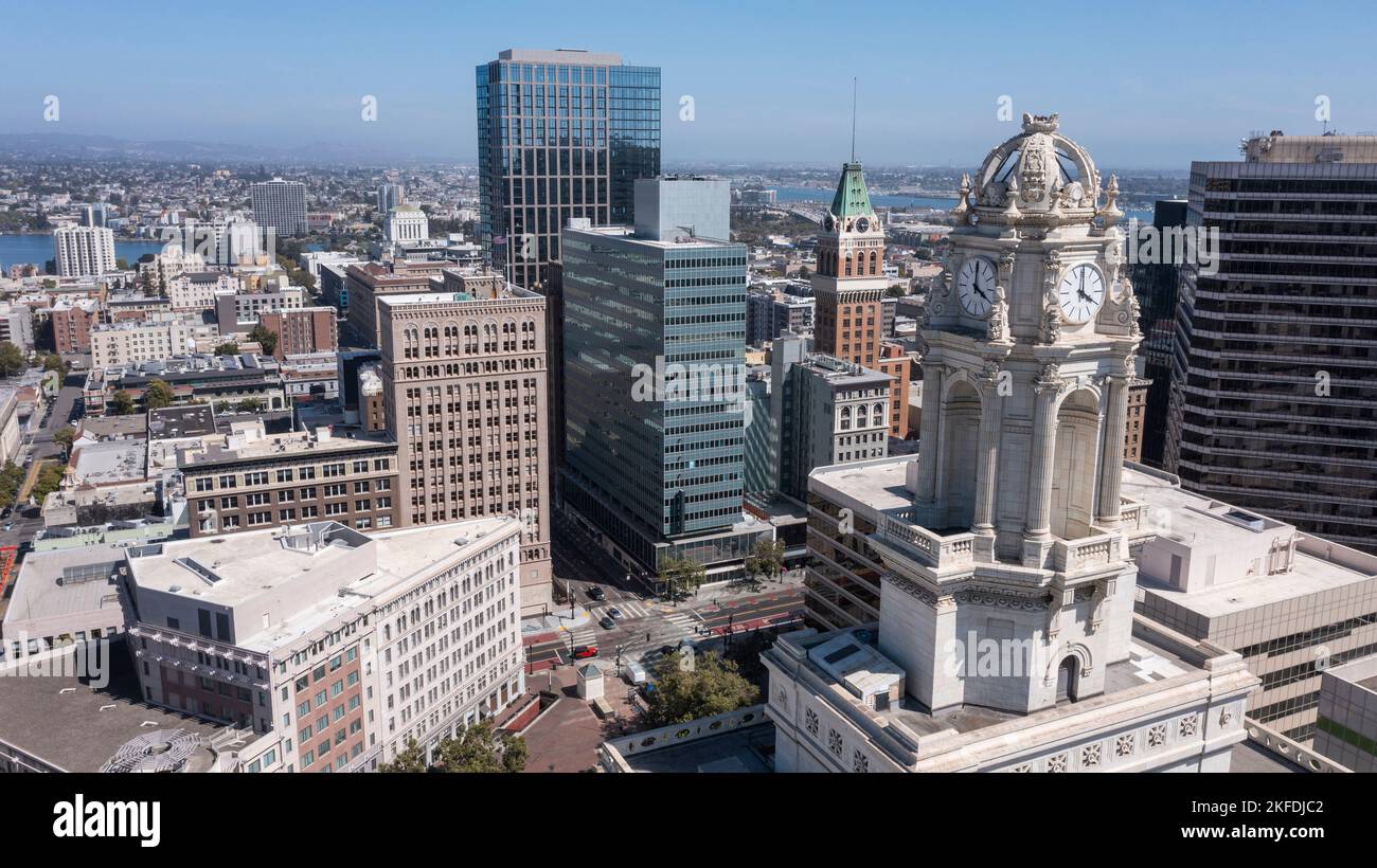 Afternoon skyline aerial view of the urban core of downtown Oakland ...