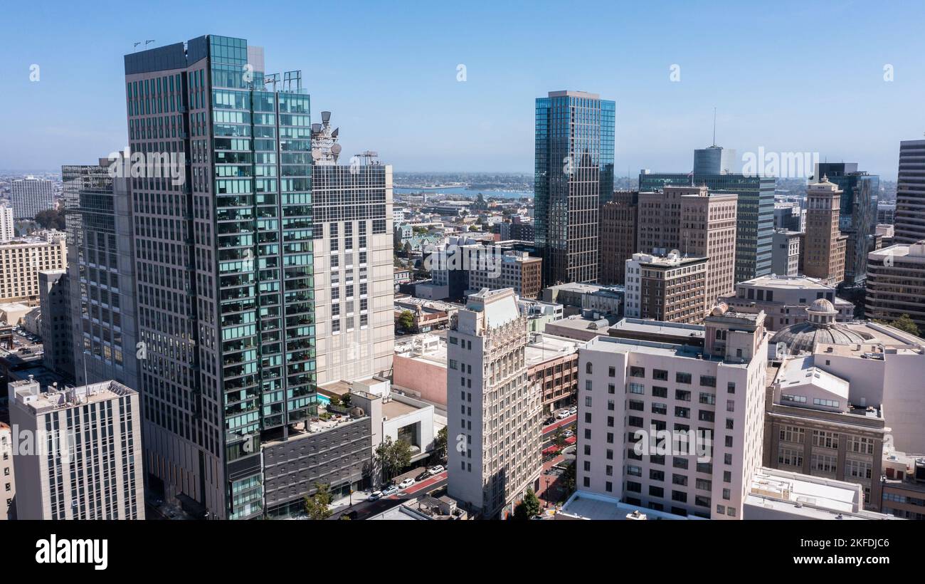 Afternoon skyline aerial view of the urban core of downtown Oakland ...