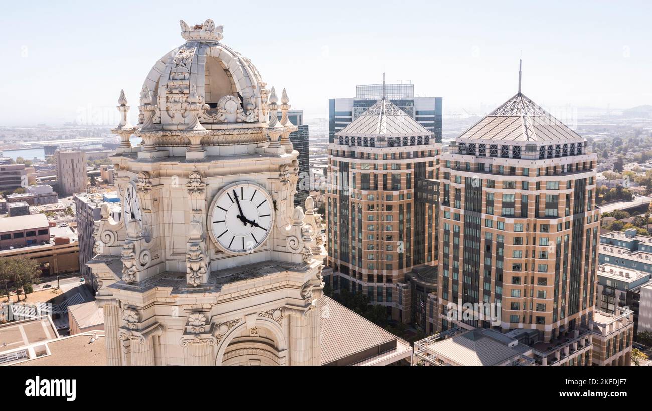 Afternoon skyline aerial view of the urban core of downtown Oakland ...