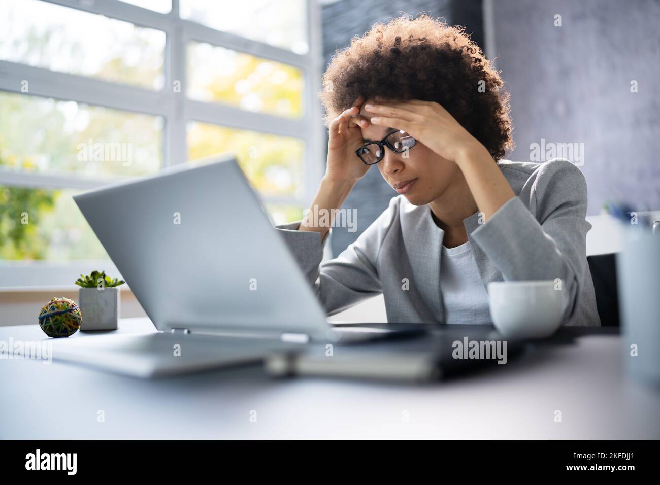 Stressed Sick African American Employee Woman At Computer Stock Photo ...