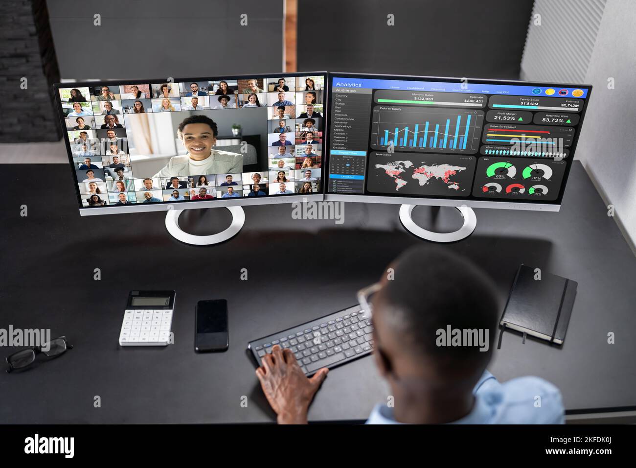Video Conference Business Call. African Conferencing On Computer Stock ...
