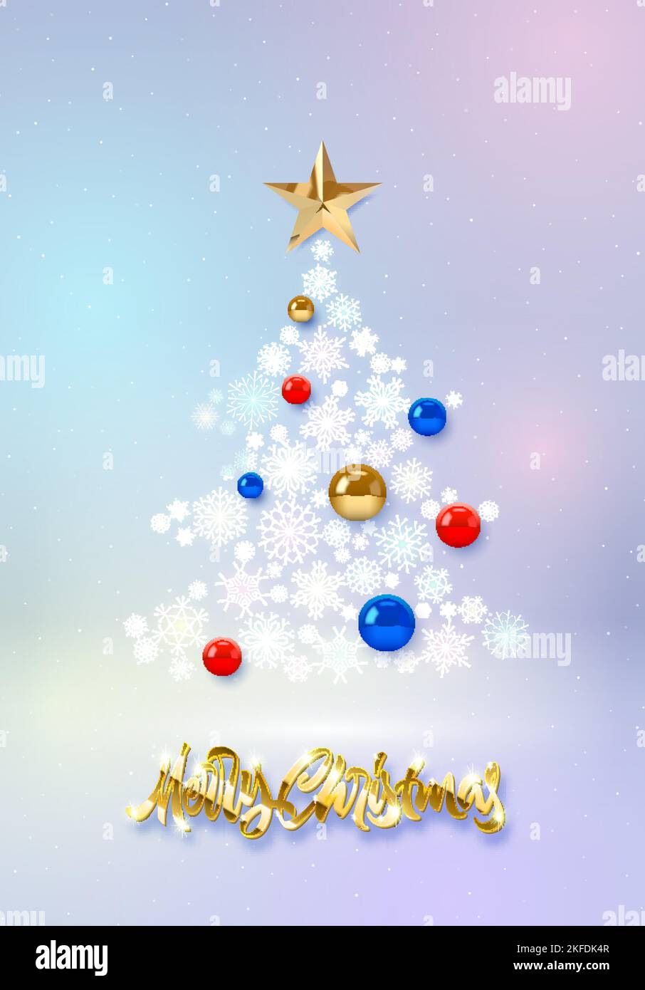 Christmas tree card with snowflakes and baubles. Christmas tree with ...