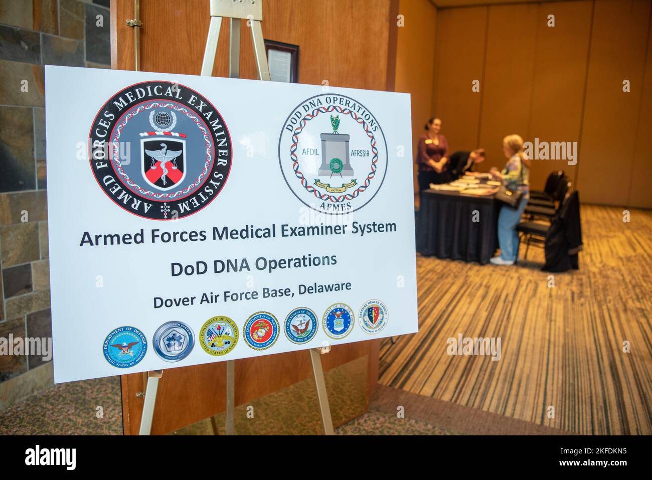 An Armed Forces Medical Examiner System (AFMES) sign sits during a ...