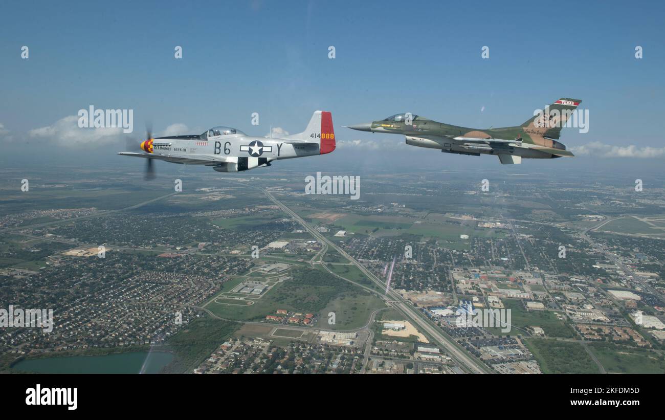 An F-16 Fighting Falcon, assigned to the 149th Fighter Wing, flies with ...