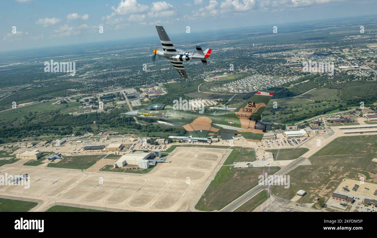 An F-16 Fighting Falcon, assigned to the 149th Fighter Wing, flies with ...