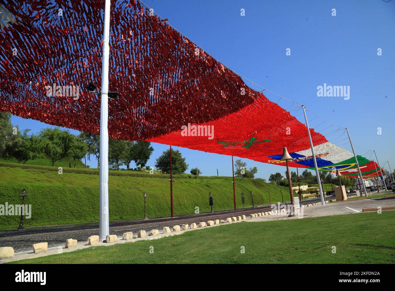 November 16, 2022 in Doha, Qatar: A canopy of giant flags from ...