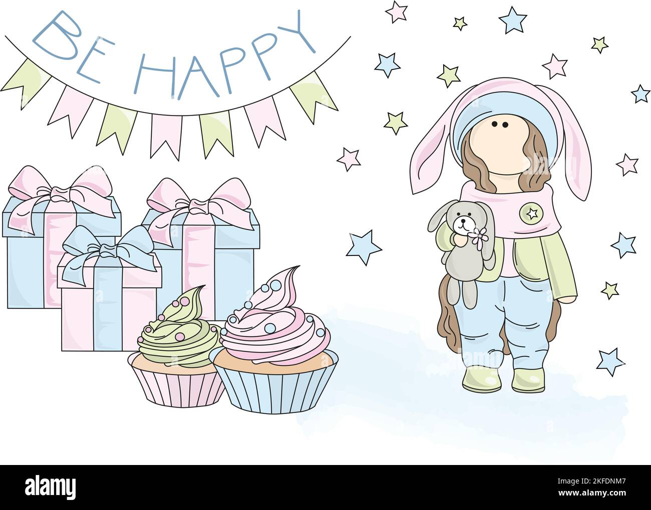 BE HAPPY Tilda Doll Children Holiday Cartoon Vector Illustration Set ...