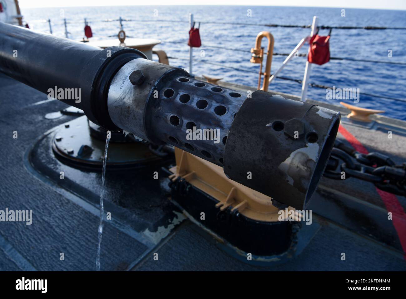The MK-75 gun barrel cools down after a gunnery exercise on the USCGC ...