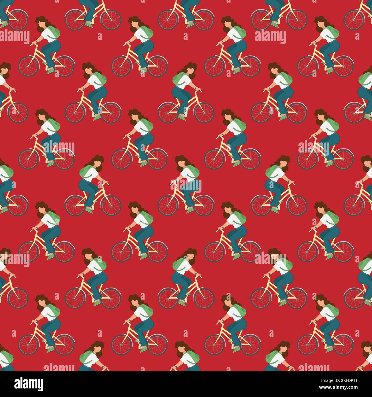Bike Girl Tourist With A Backpack Goes On A Journey Seamless Pattern Vector Illustration For