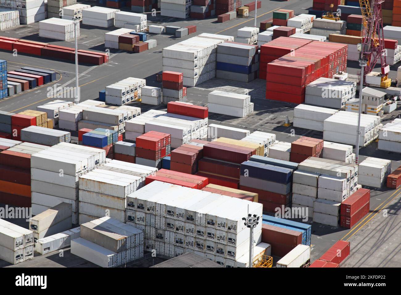 A high angled view of a container terminal showing numerous shipping ...