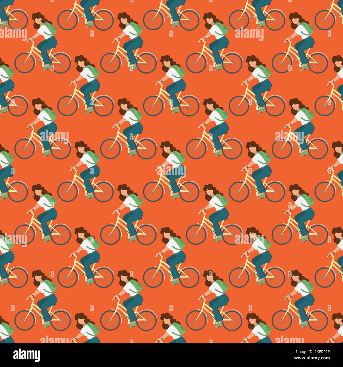 BIKE TOURIST Girl With A Backpack Goes On A Journey Seamless Pattern Vector Illustration For ...