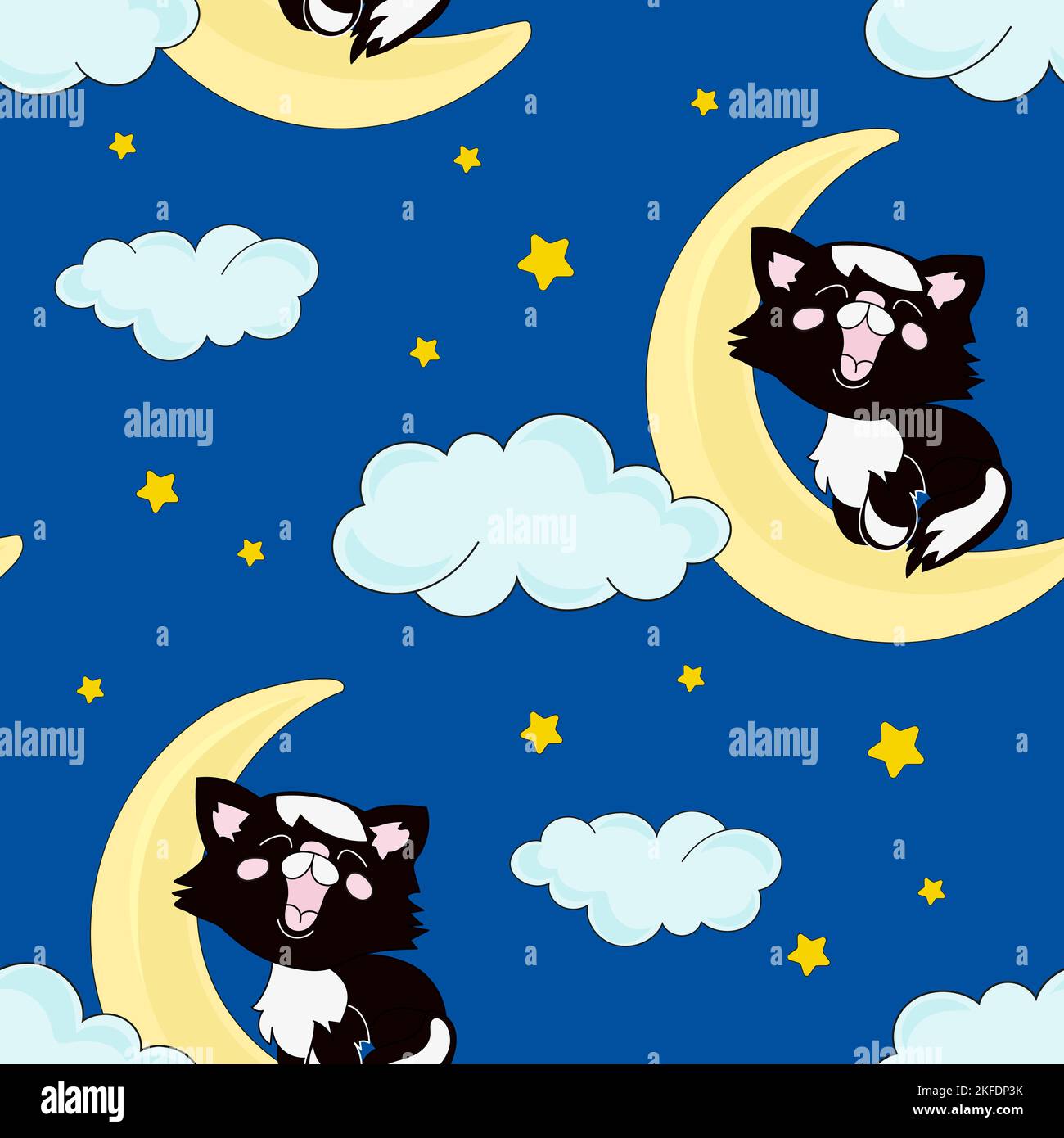 BLACK CAT Good Night Cartoon Vector Illustration Seamless Pattern For ...