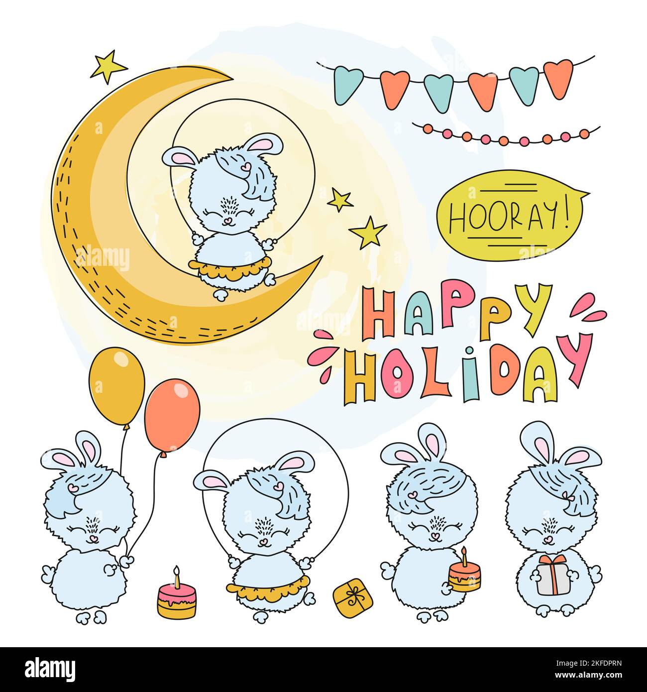 BUNNY BIRTHDAY Comic Cartoon Vector Illustration Set For Print Stock ...