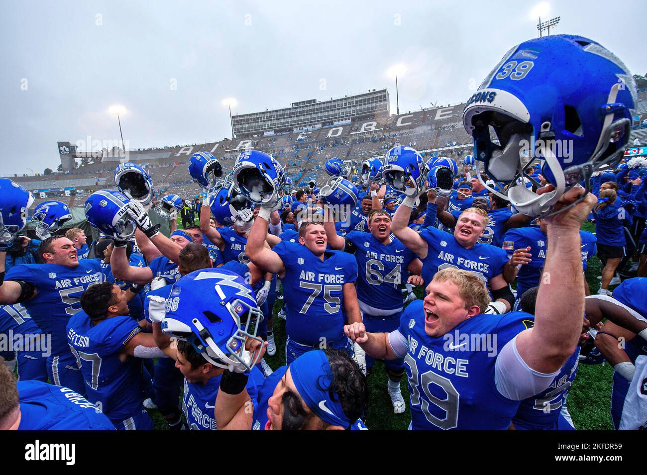 U.S. AIR FORCE ACADEMY, Colo. – Air Force football players celebrate after singing the Third ...