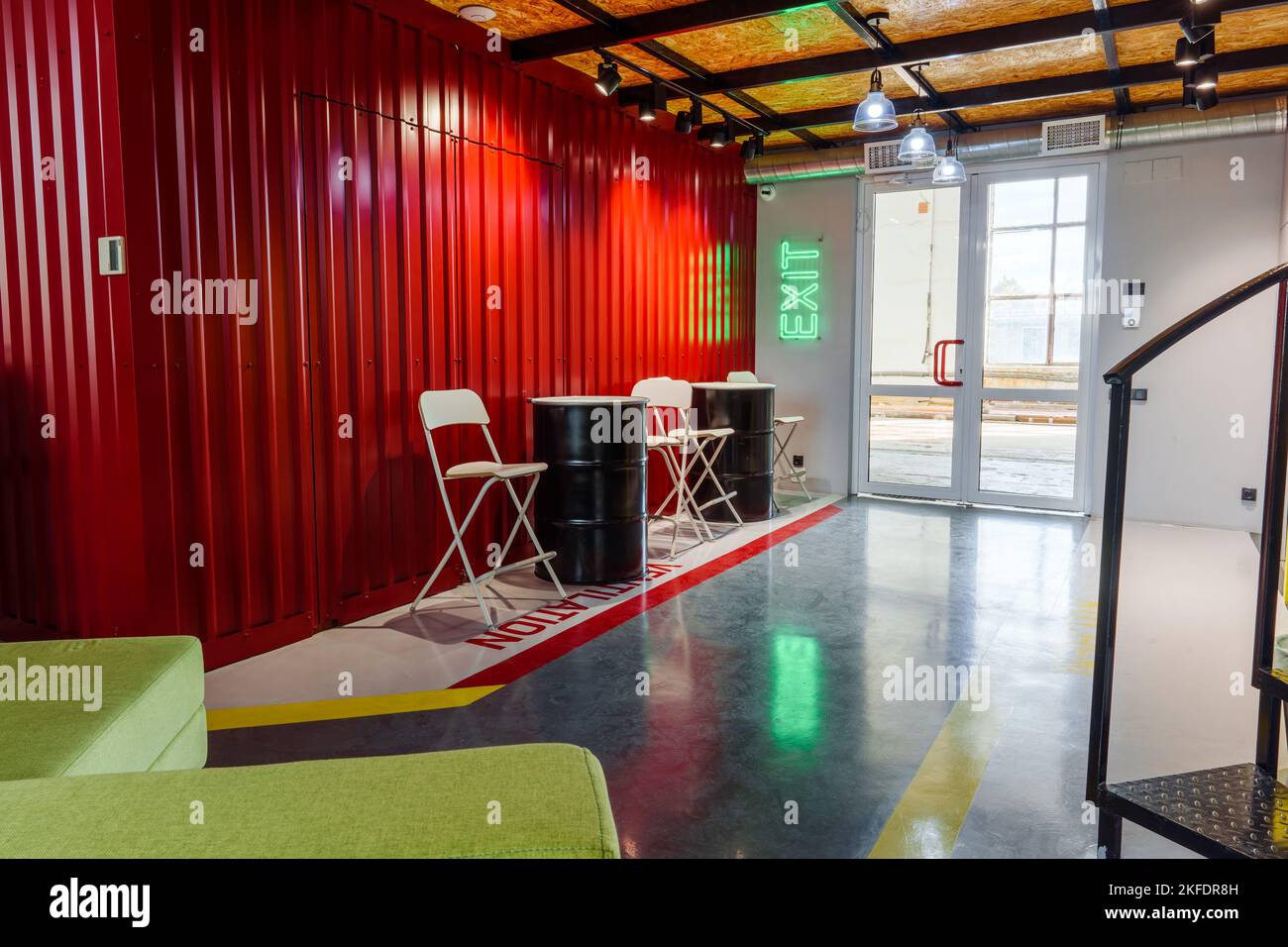 Public area room interior with table and bar stools Stock Photo - Alamy