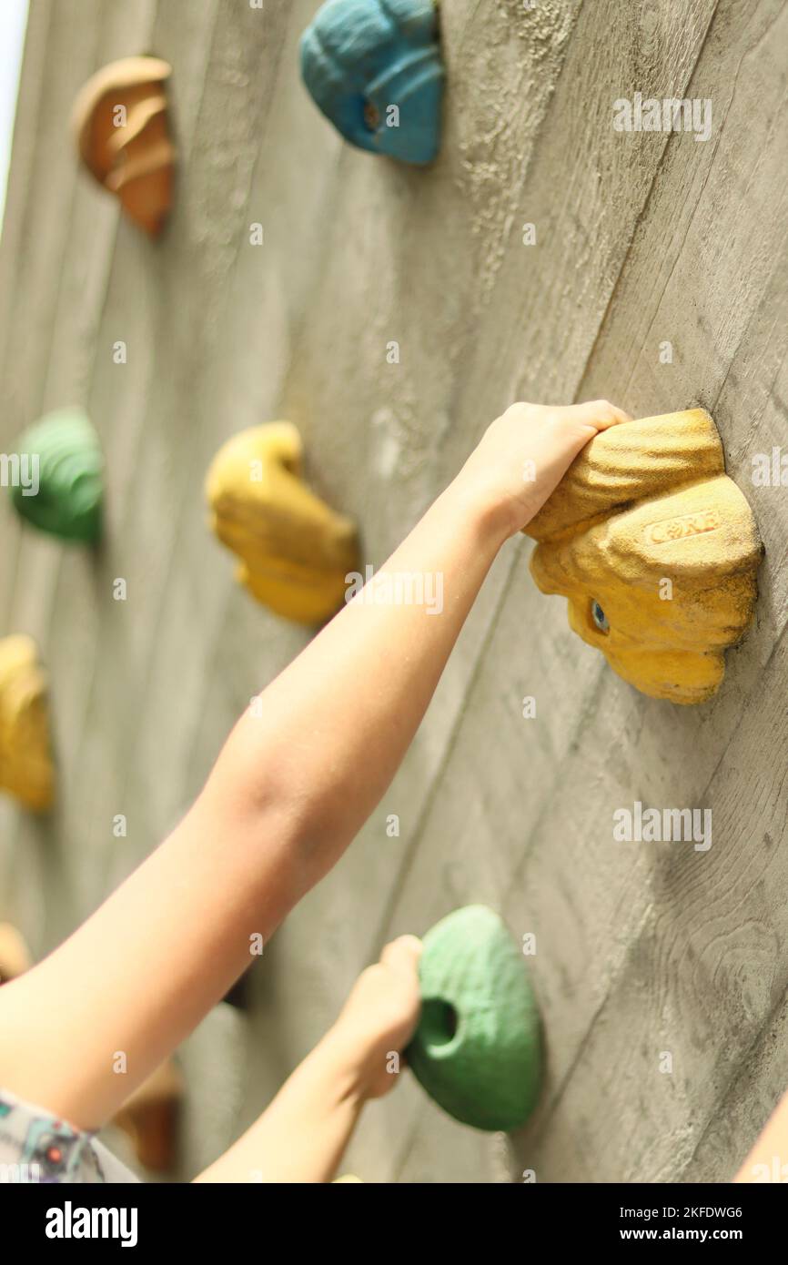 A low angle shot of a child's hand reaching for a climbing hold on a ...