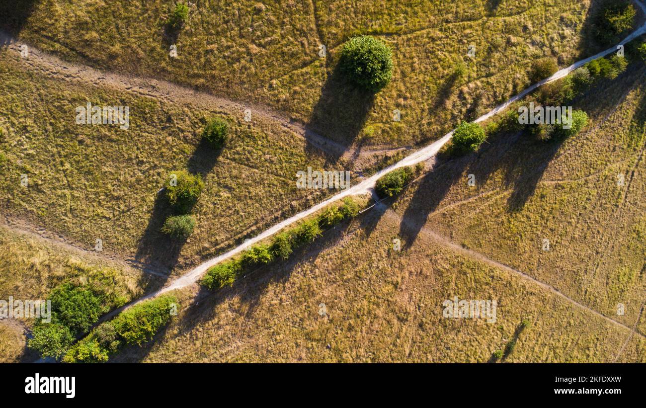 An aerial of the sunlight directly on the field and trails of Box Hill ...
