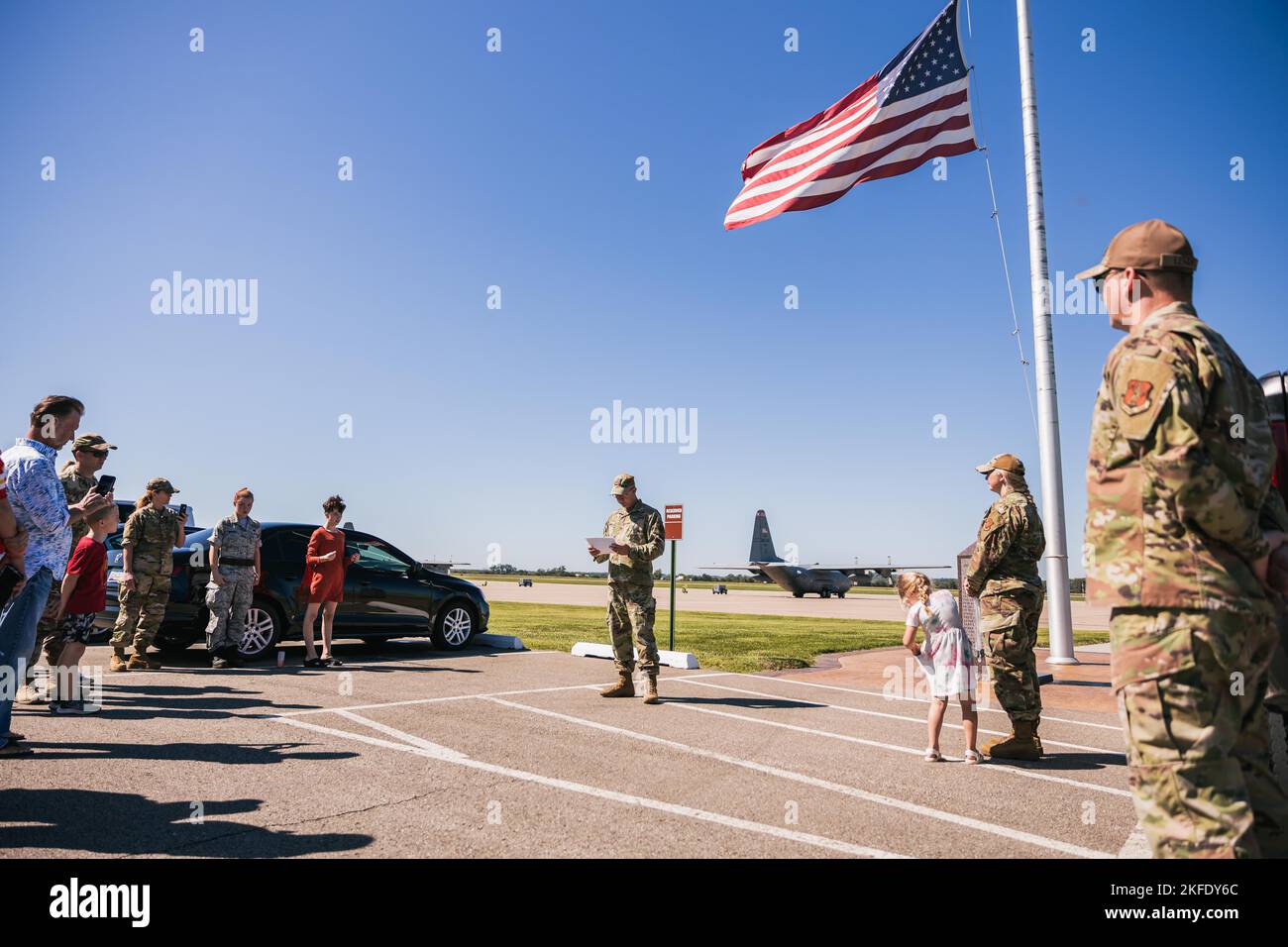 U.S. Air Force Col. Gordon Meyer speaks to airmen and their families ...