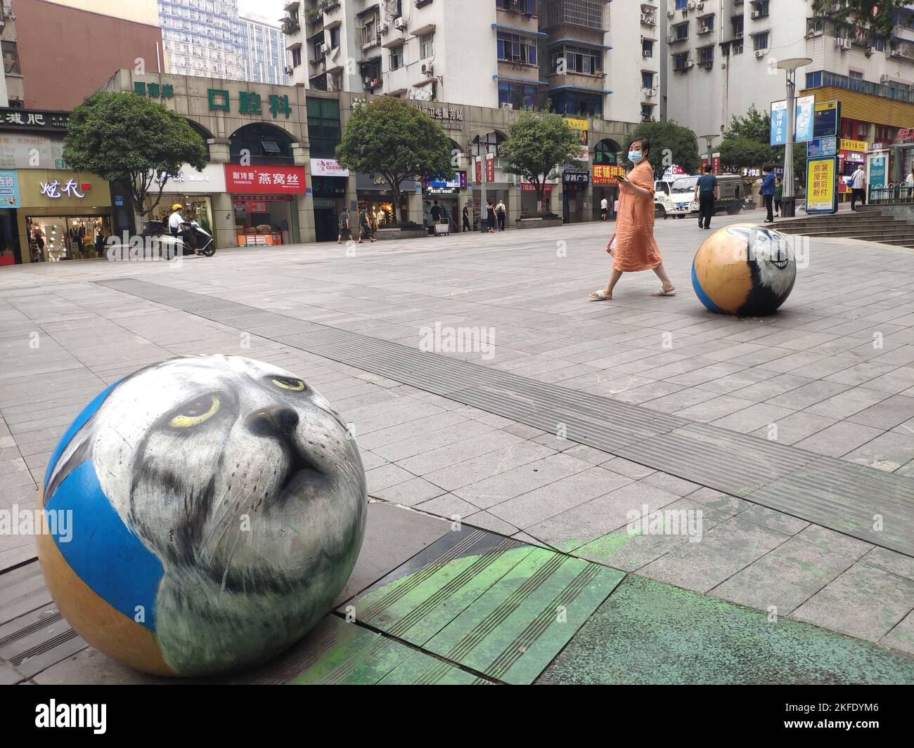 Four stone piers painted with funny dog face attract passers-by's ...