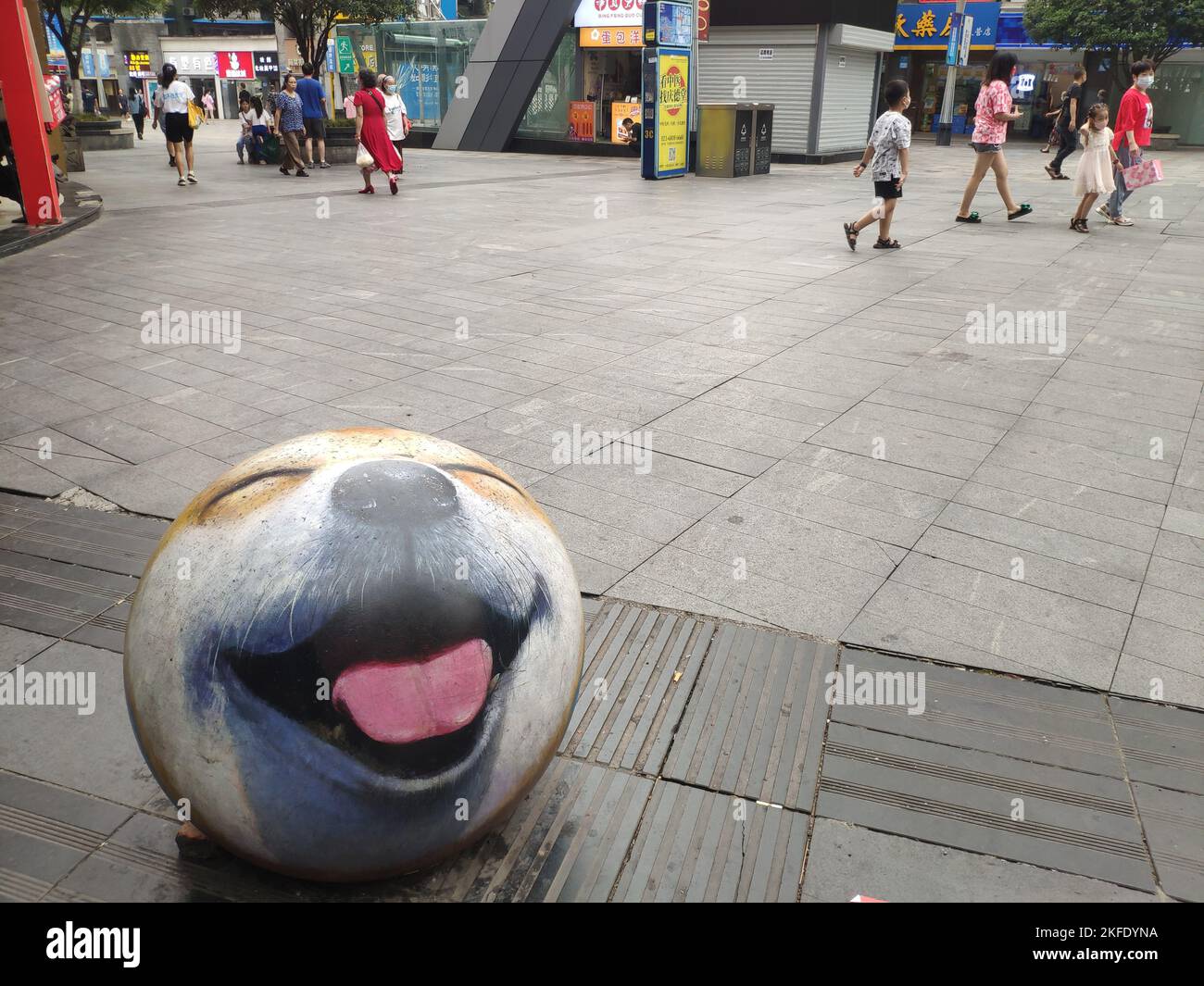 Four stone piers painted with funny dog face attract passers-by's ...