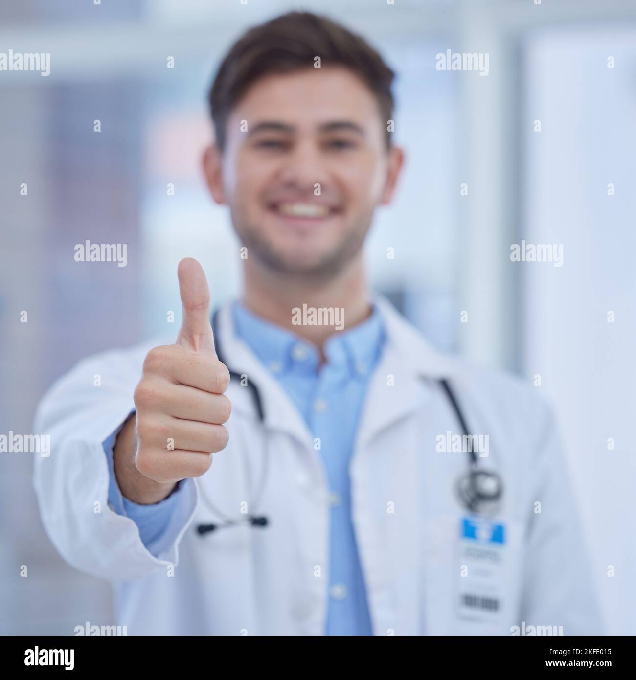 Portrait, doctor and thumbs up in hospital for success, welcome and thank you. Trust, support or ...