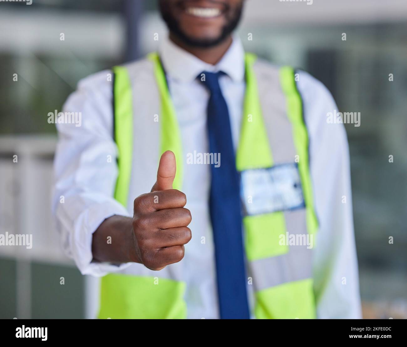 Black man, construction worker or thumbs up success, support and trust ...