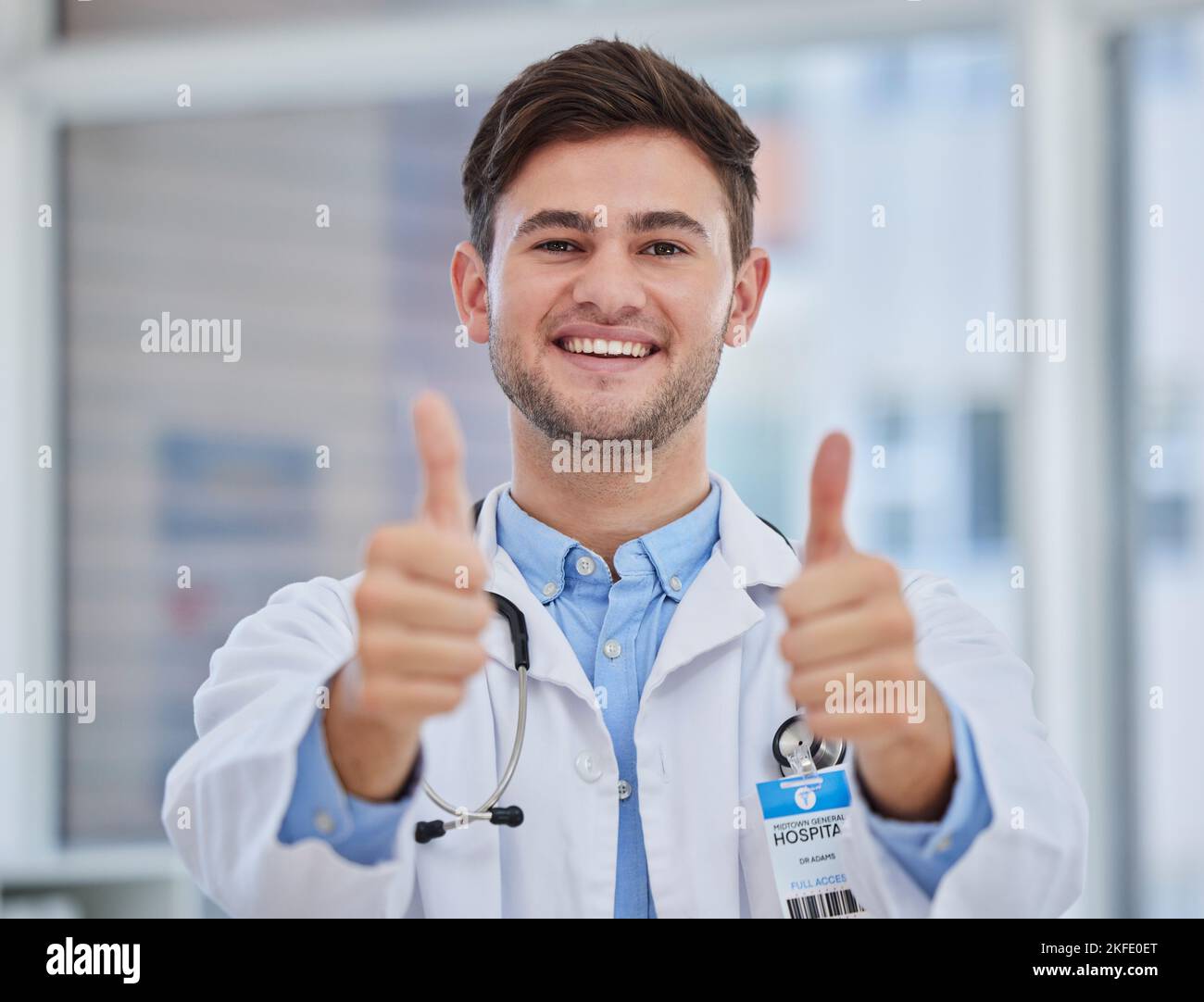 Man, doctor or thumbs up in hospital for support, trust and life ...