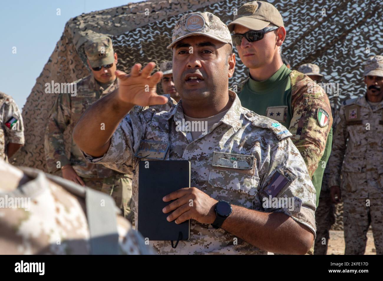 A Jordanian Armed Forces soldier conducts a pre-mission briefing during ...