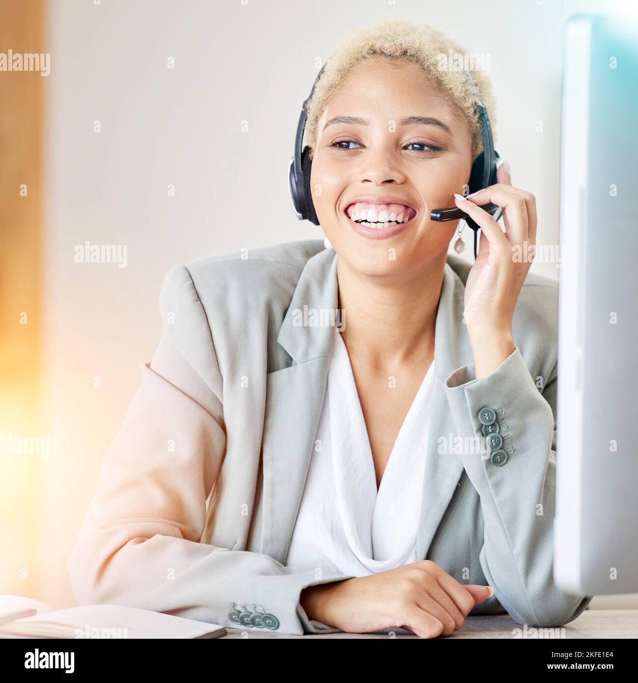 Call center, consulting and help with black woman at computer for telemarketing, customer ...