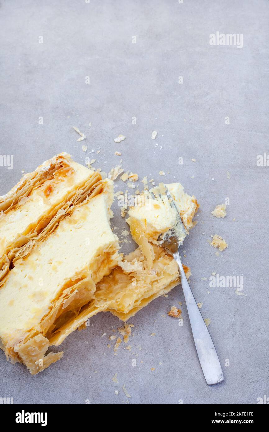 fresh Custard slice flat lay on mottled gray with copy space Stock ...
