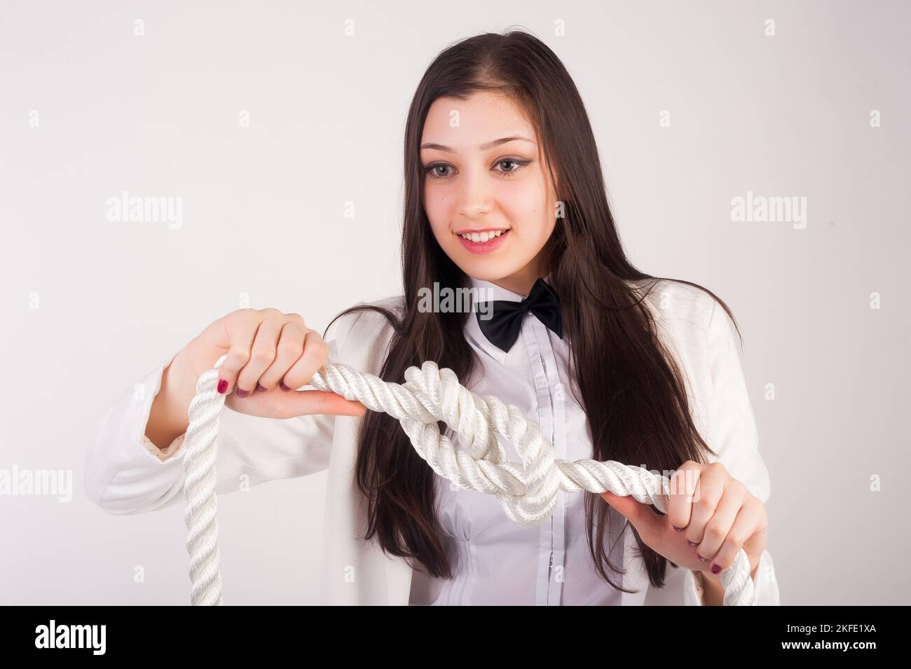 Portrait of pretty student or businesswoman thinking that solve a ...