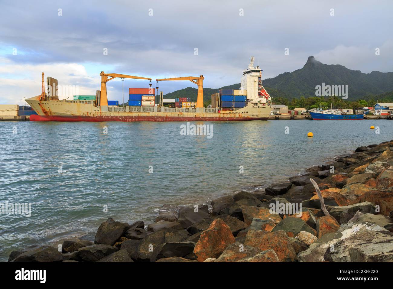 A container vessel in Avatiu Harbour, the port of Avarua, Rarotonga ...