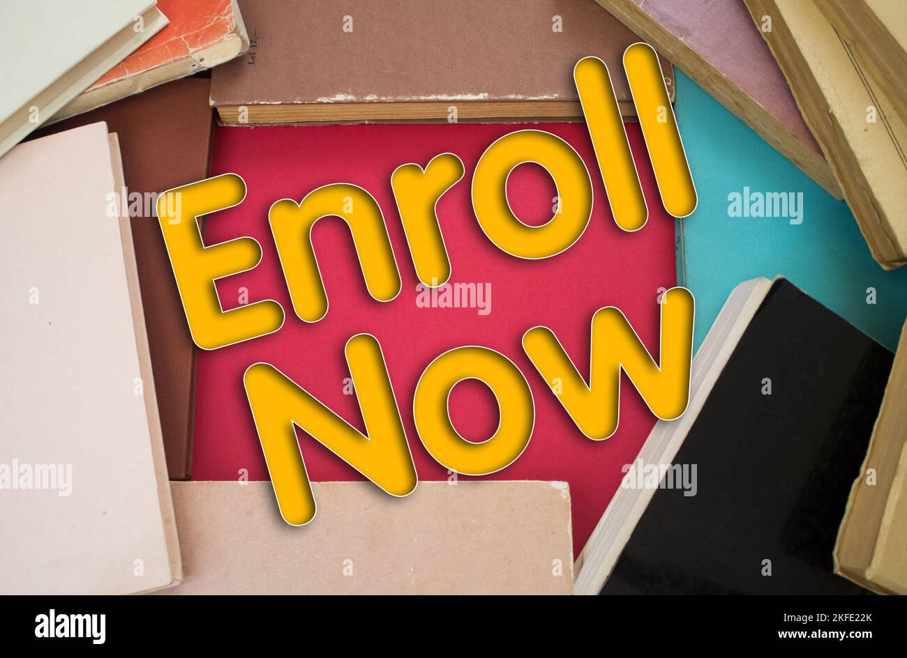 Enroll Now word in opened book with vintage, natural patterns old ...
