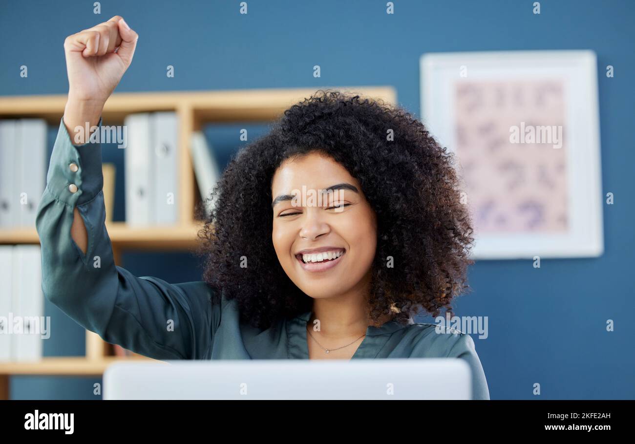 Celebration, success and black woman giving support to online trading ...