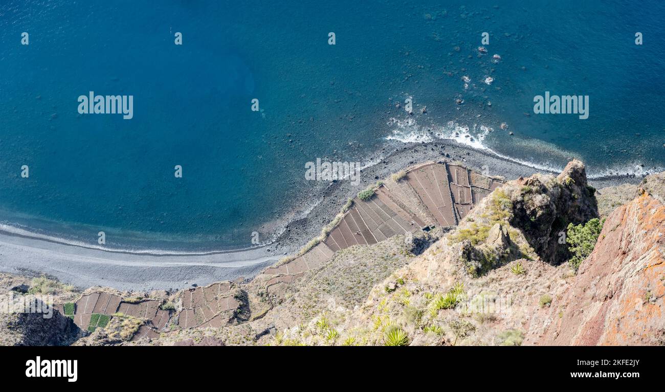 aerial landscape with fields on Atlantic ocean shore at Madeira, shot ...