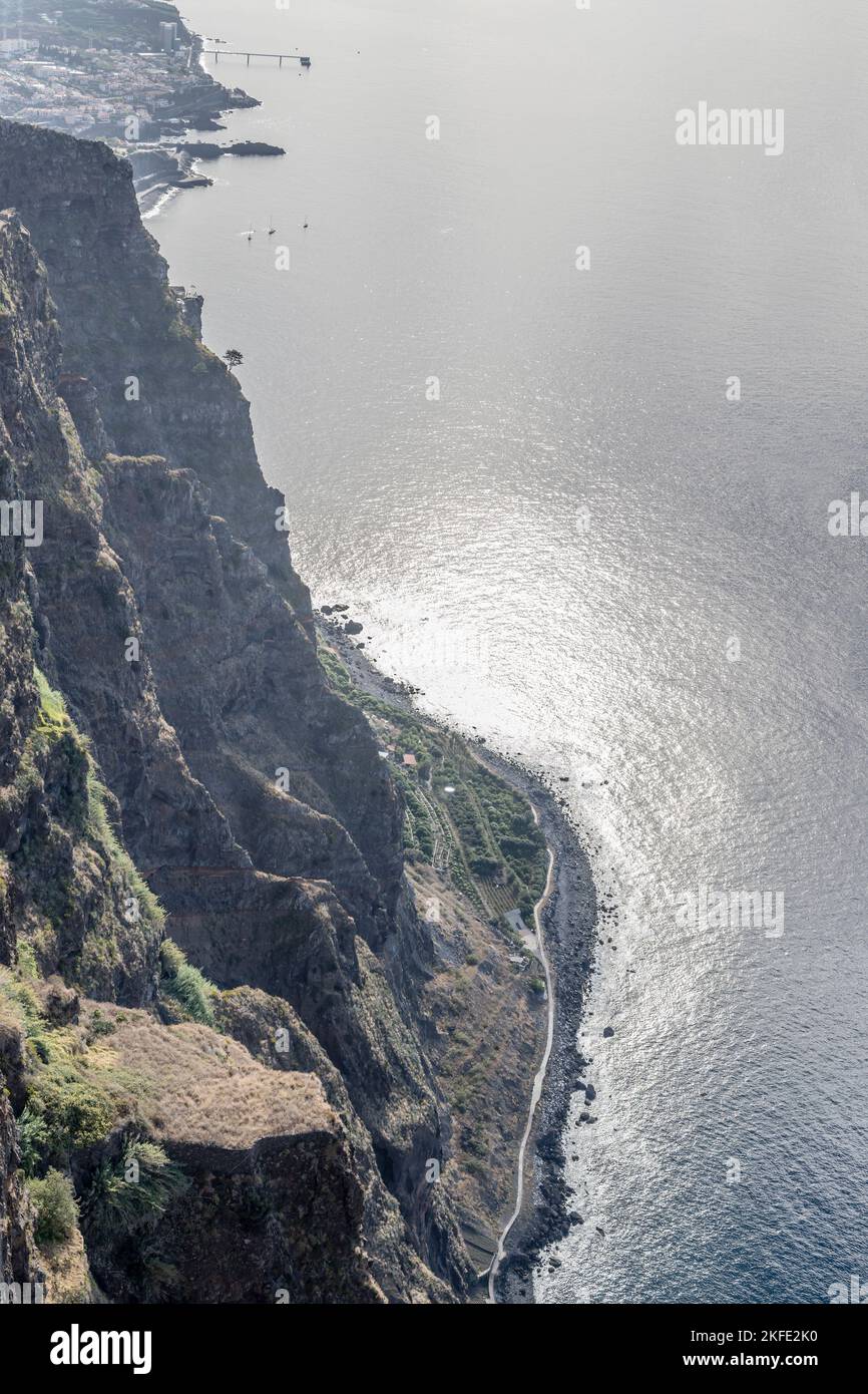 aerial landscape with steep coast on Atlantic ocean shore at Madeira ...