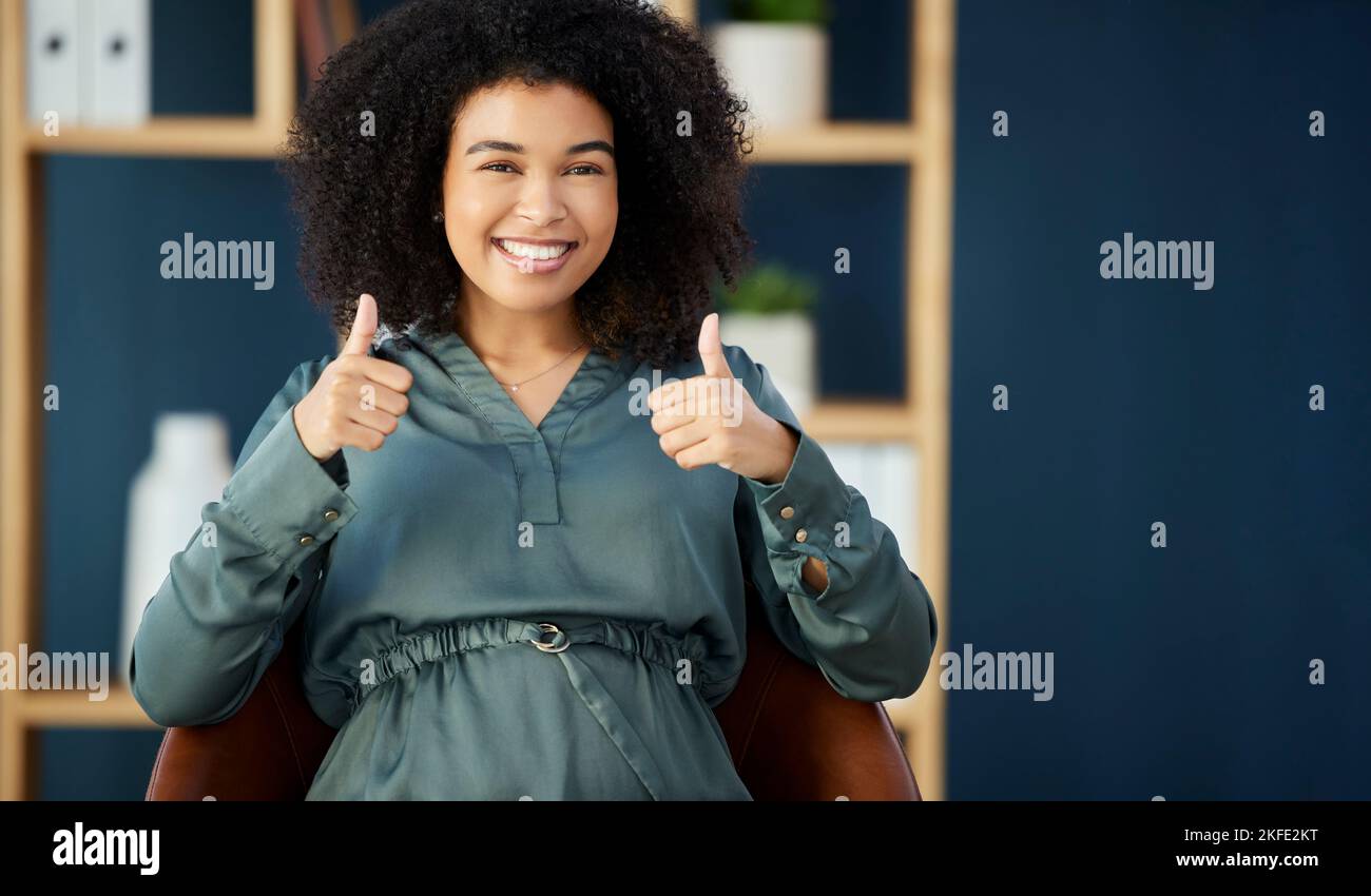 Business success, black woman and thumbs up from CEO, boss or leader ...