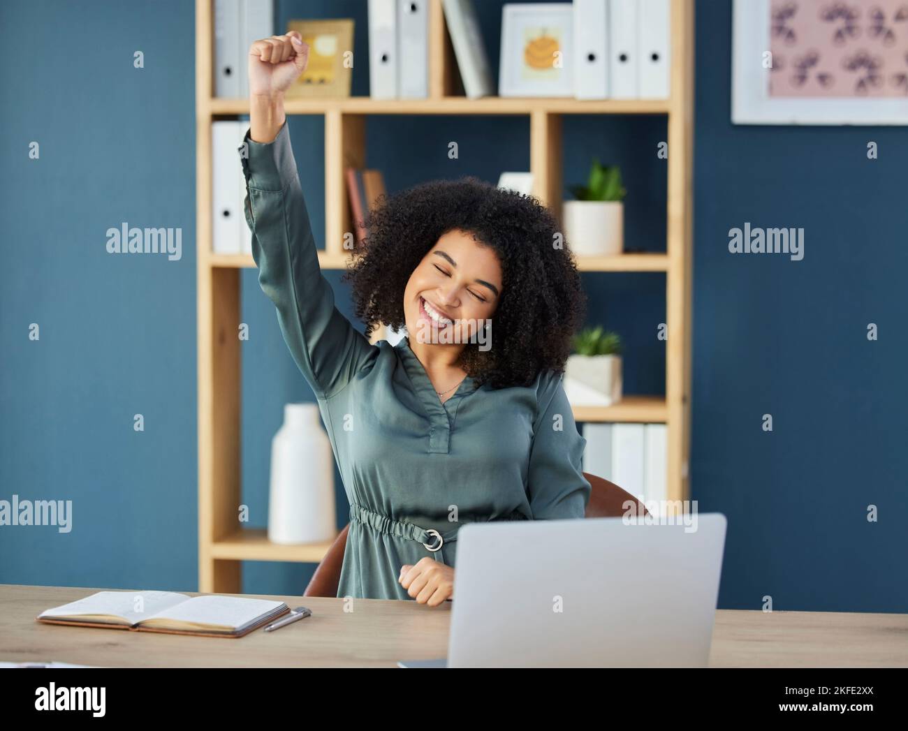 Business woman, laptop and success fist in winner celebration, digital ...