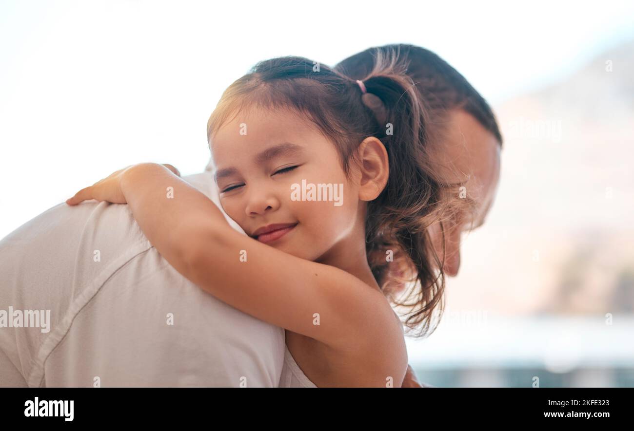 Father, girl or bonding hug in support, love or security in house ...