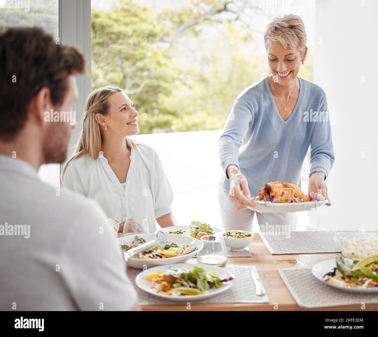 family, relax and dinner together in family home for happiness, big ...