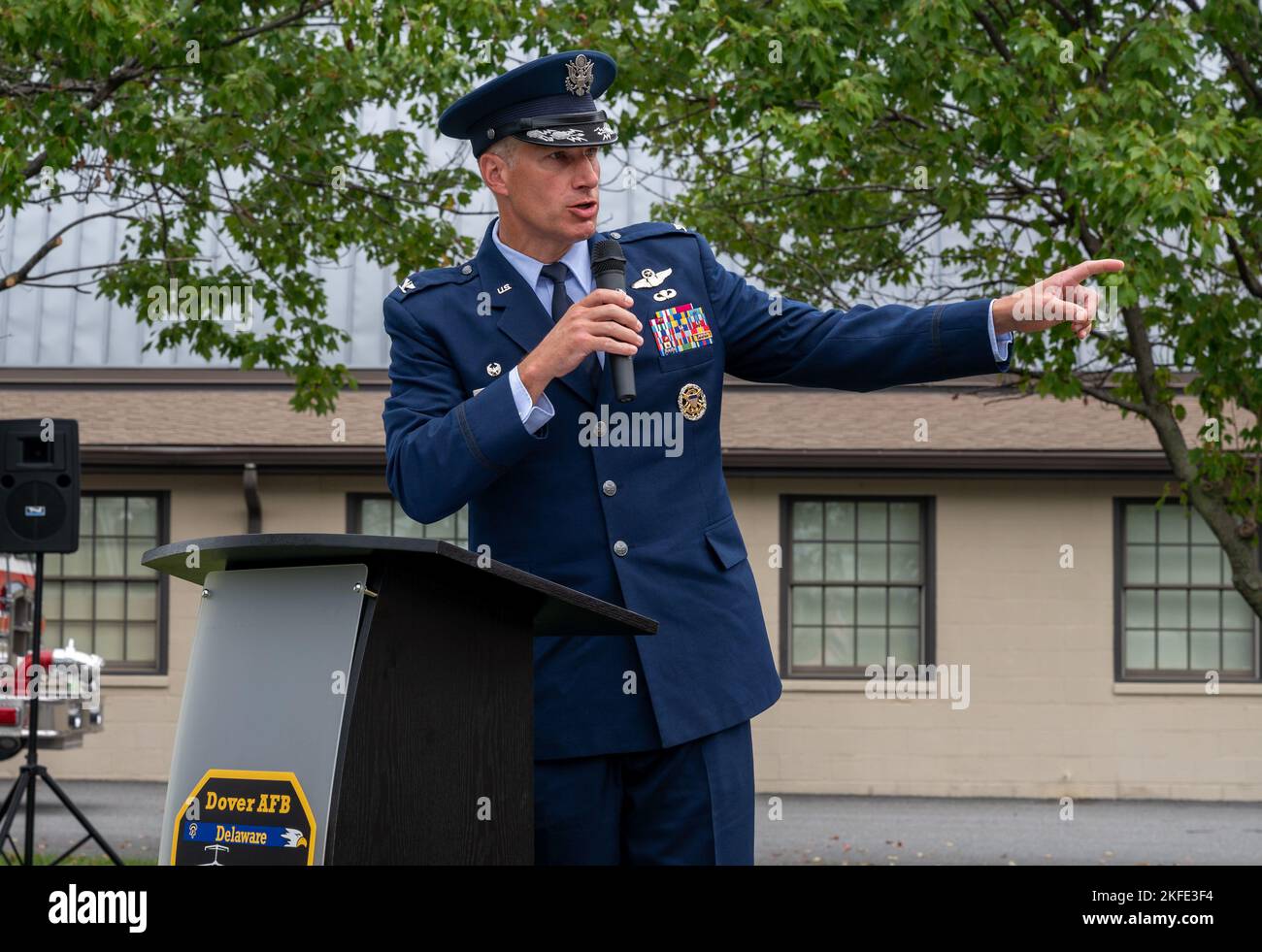 Col. Matt Husemann, 436th Airlift Wing commander, speaks during the ...