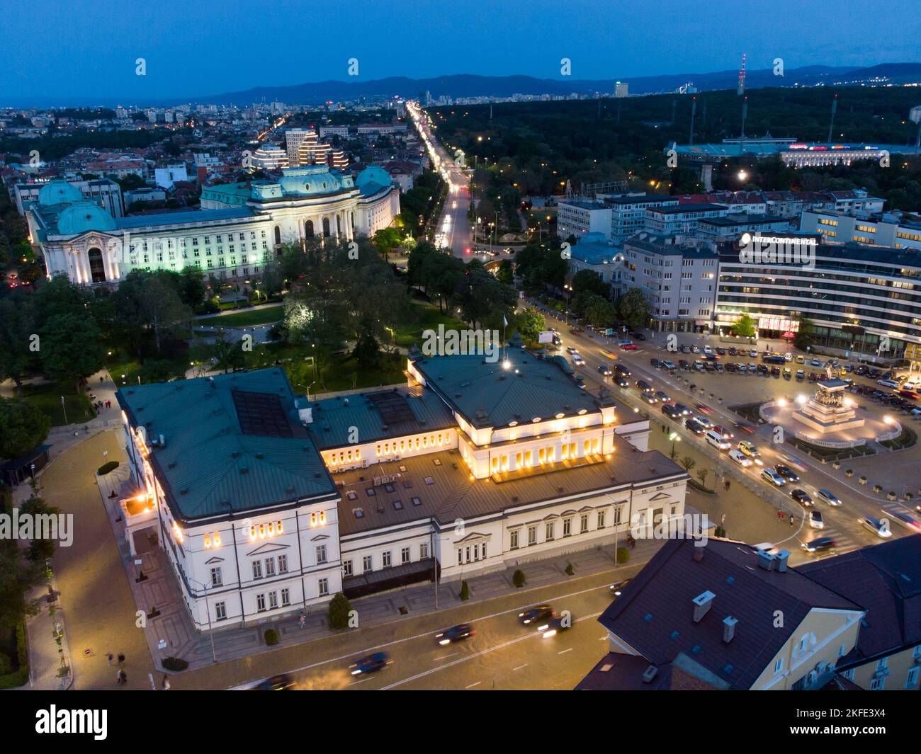 Evening view with a drone over the building of the National Assembly, University and Hotel in ...