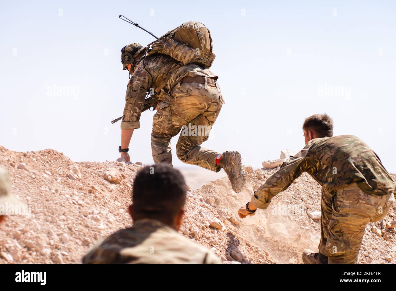 Soldiers from the British army conduct terrain reconnaissance during Exercise Eager Lion in ...