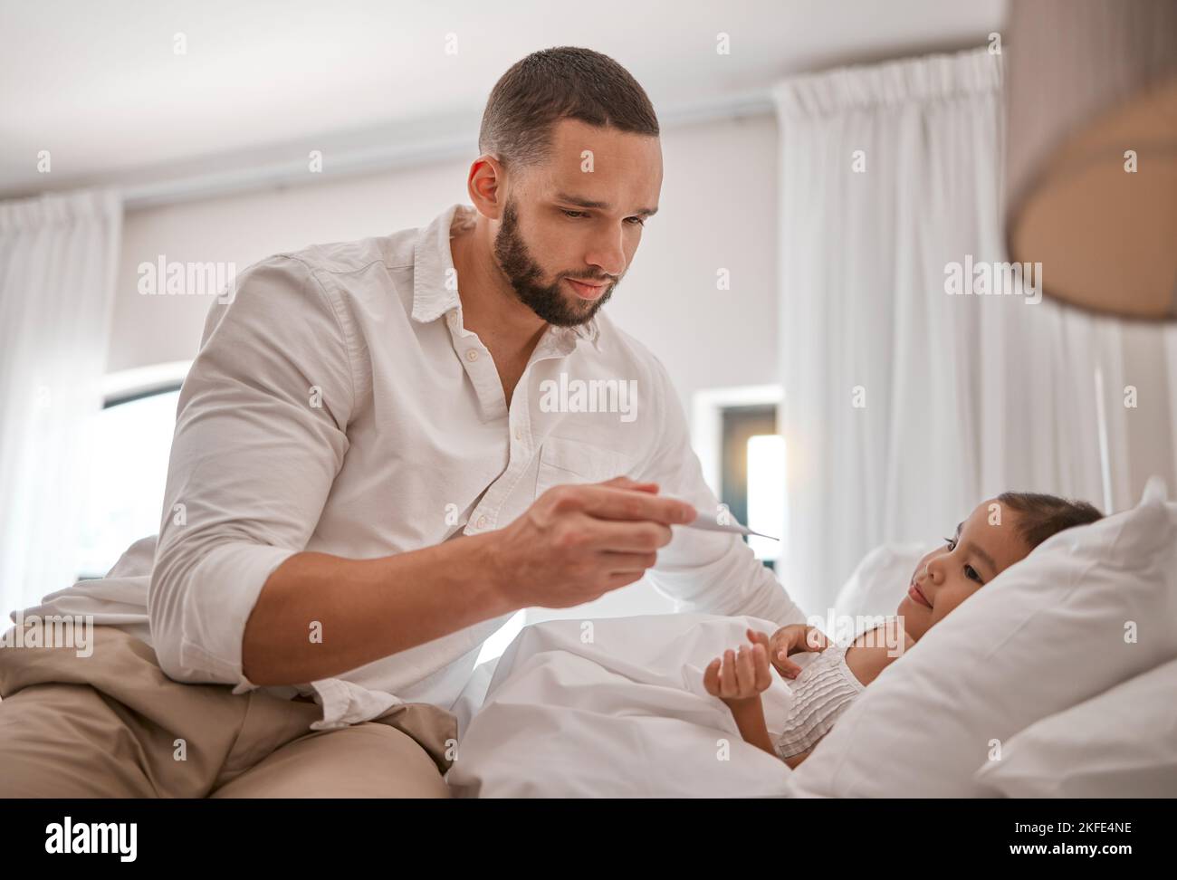 Child, bed and father check thermometer with sad, worried and concerned ...