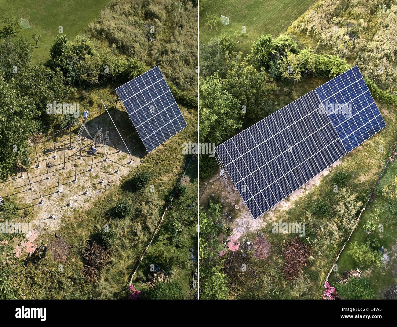 Collage of photos of installation and ready solar panels in field at ...