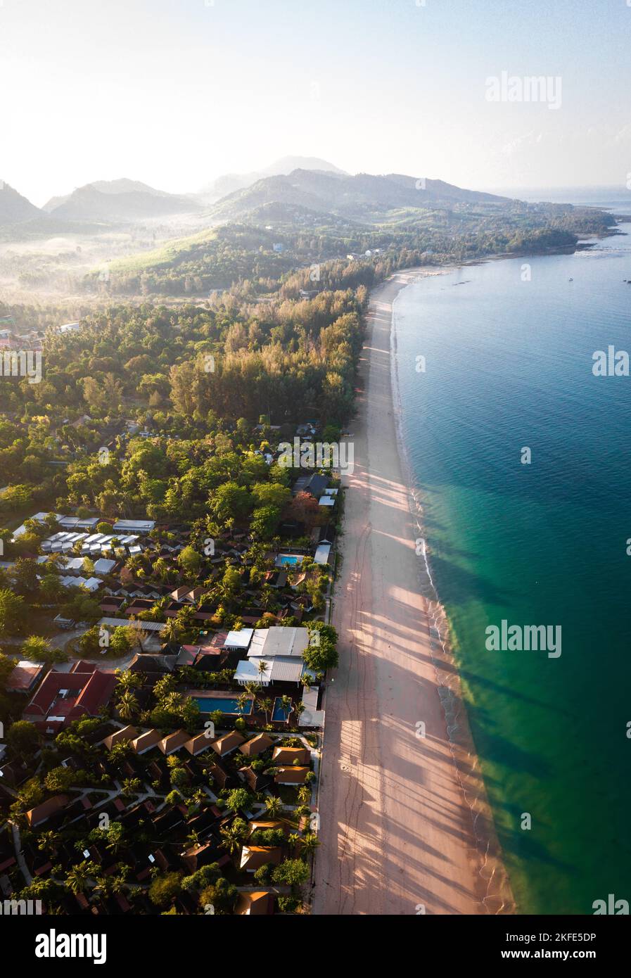 Aerial view of Long Beach at sunset, in Koh Lanta, Krabi, Thailand ...