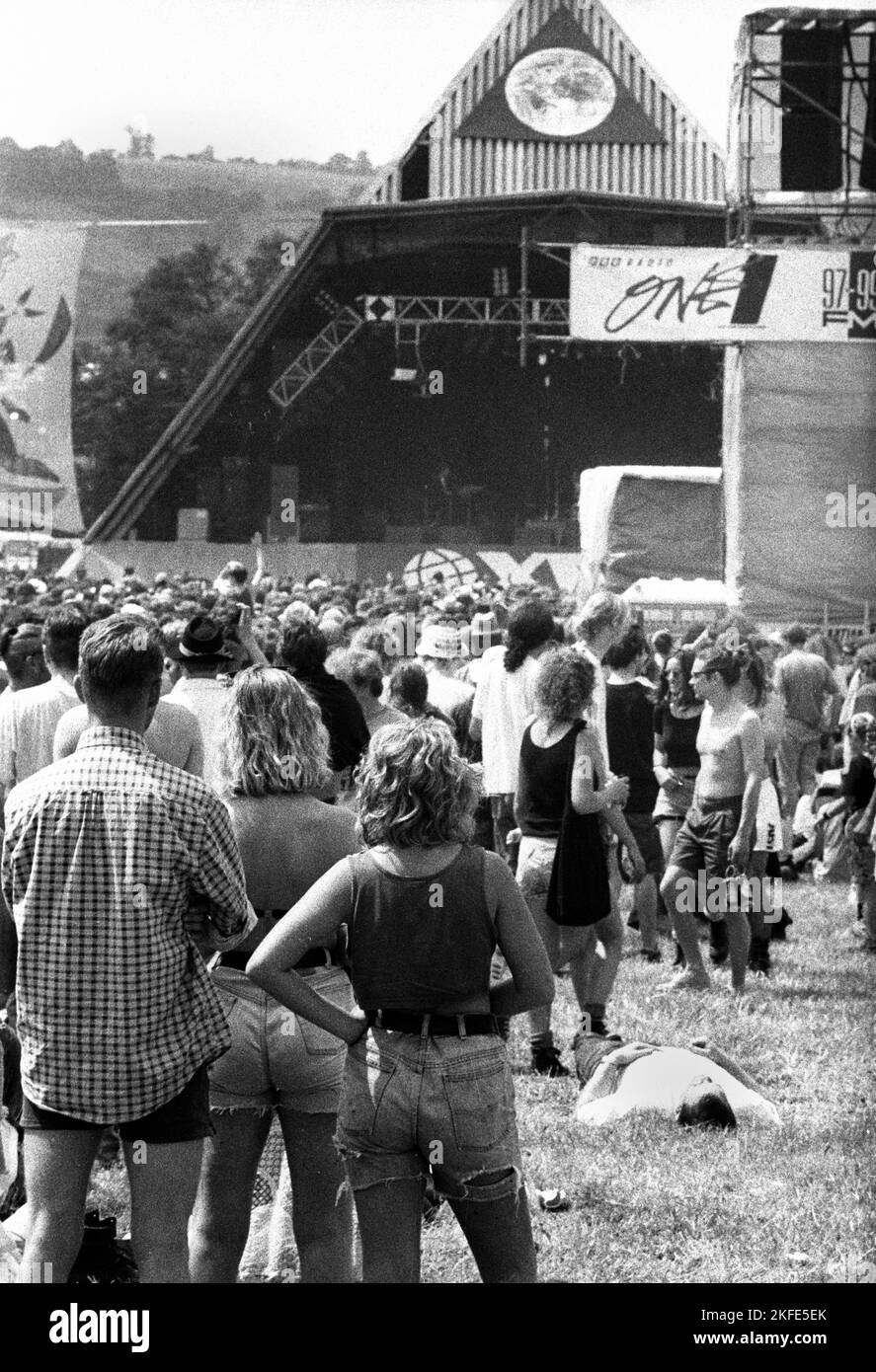 The view of the Pyramid Stage from the main field at Glastonbury ...